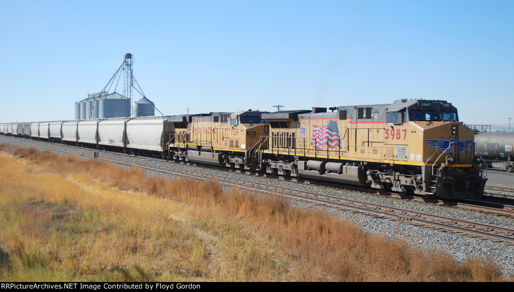 UP 5987 leads eight unit soda ash train westward